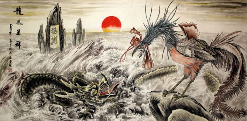 Huge Dragon and Phoenix Painting - Asian Art