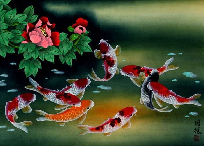 Nine Koi Fish and Flowers Painting - Chinese Art